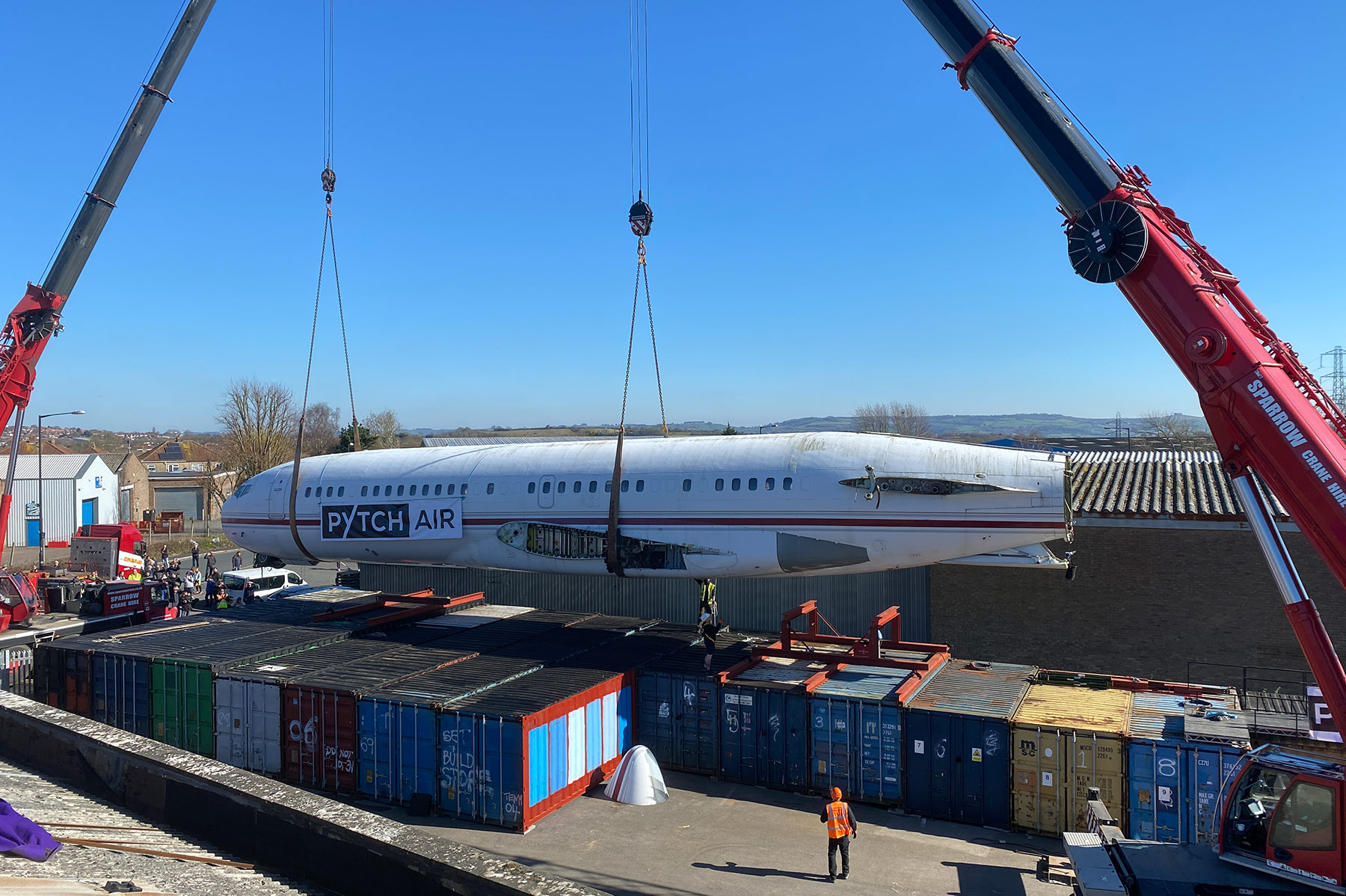 Sparrow Crane Hire lifts Boeing aircraft body at PYTCH Event Organisers ...
