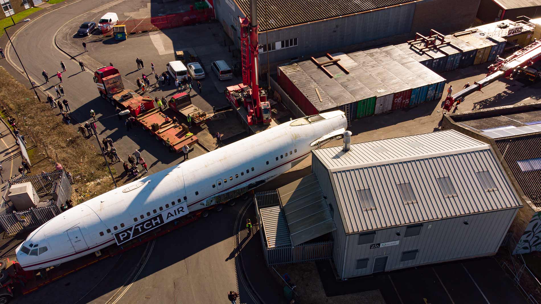 Sparrow Crane Hire lifts Boeing aircraft body at PYTCH Event Organisers ...