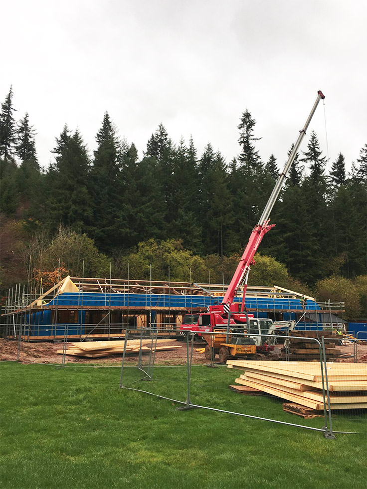 Crane lift roof panels Great Wood Camp Mess Hut, Over Stowey, Somerset