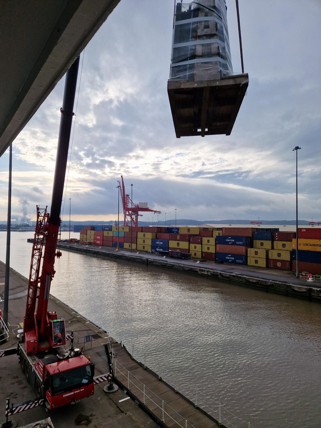 A late evening crane lift at Bristol Port | Sparrow Crane Hire